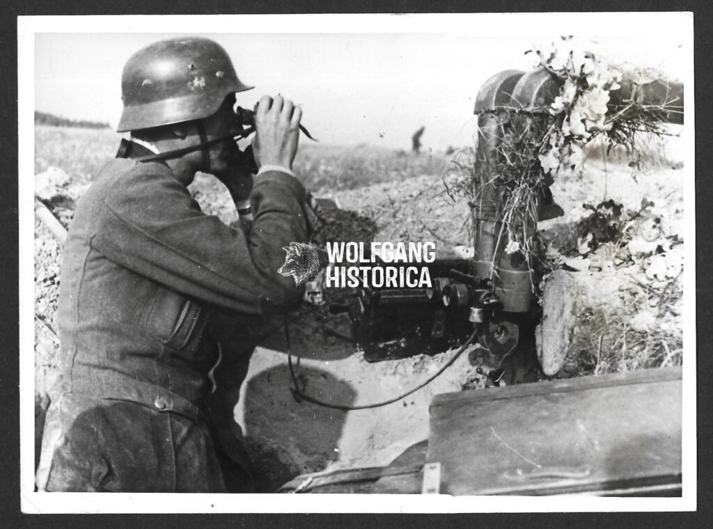 German Press Photo: Wehrmacht Artillery Forward Observer in a Foxhole ...